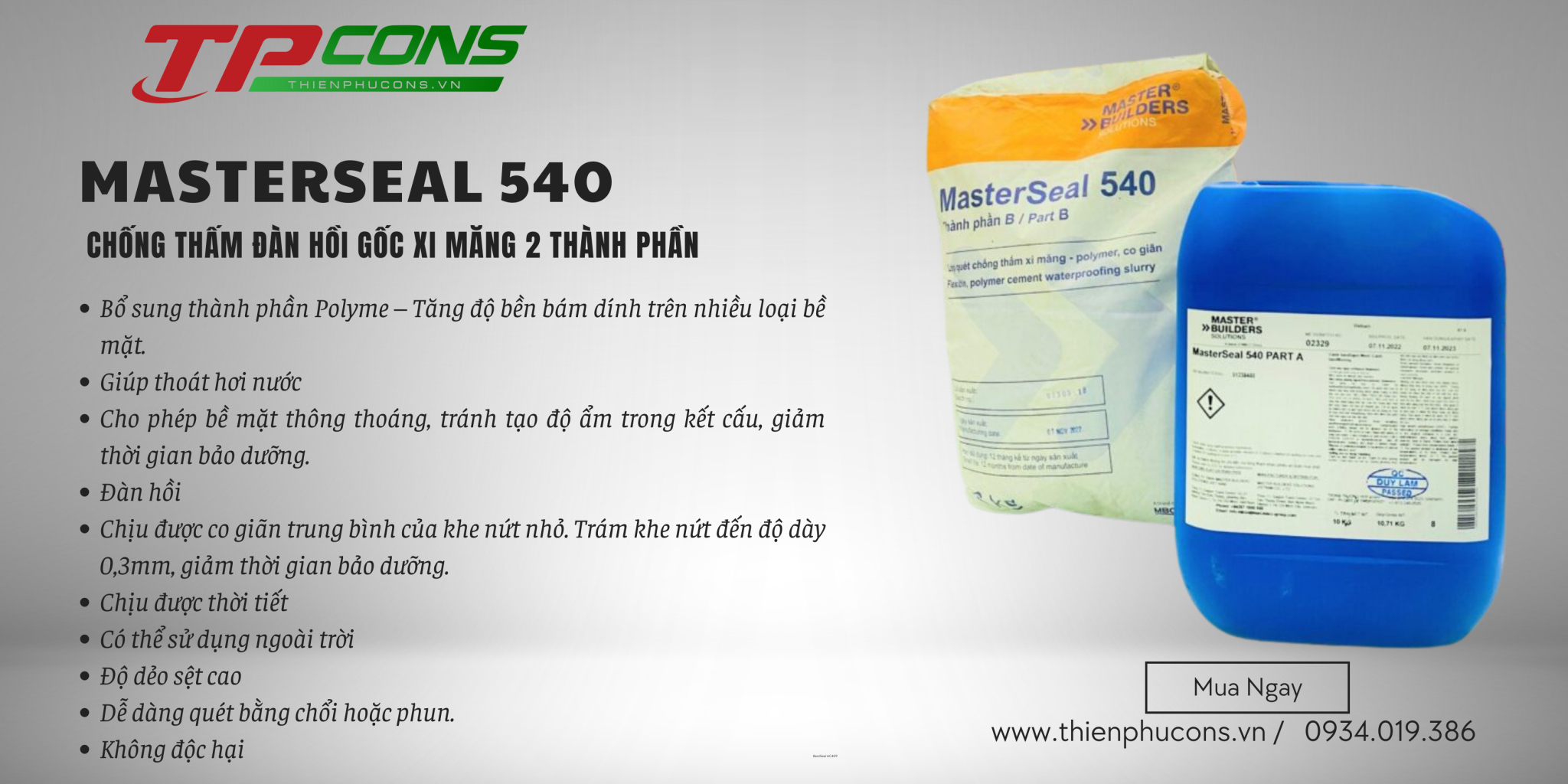 MasterSeal 540 - Chống Thấm Đàn Hồi Gốc Xi Măng 2 Thành Phần - Xây Dựng & Chống thấm Thiên Phú